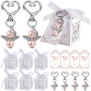 OurWarm 144Pcs Baby Shower Favors Including Cute Angel Keychains, Favor Boxes and Thank You Cards for Baptism Favors, Bridal Shower Favors, Birthday Party Favors Wedding Favors for Guests (Pink)