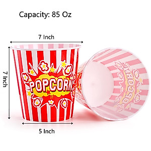 YOUEON 12 Pack Large Plastic Popcorn Bowls, 85 Oz Reusable Popcorn Containers in Red & White Striped Retro Style, Popcorn Buckets for Movie Night, Theater, Party Theme
