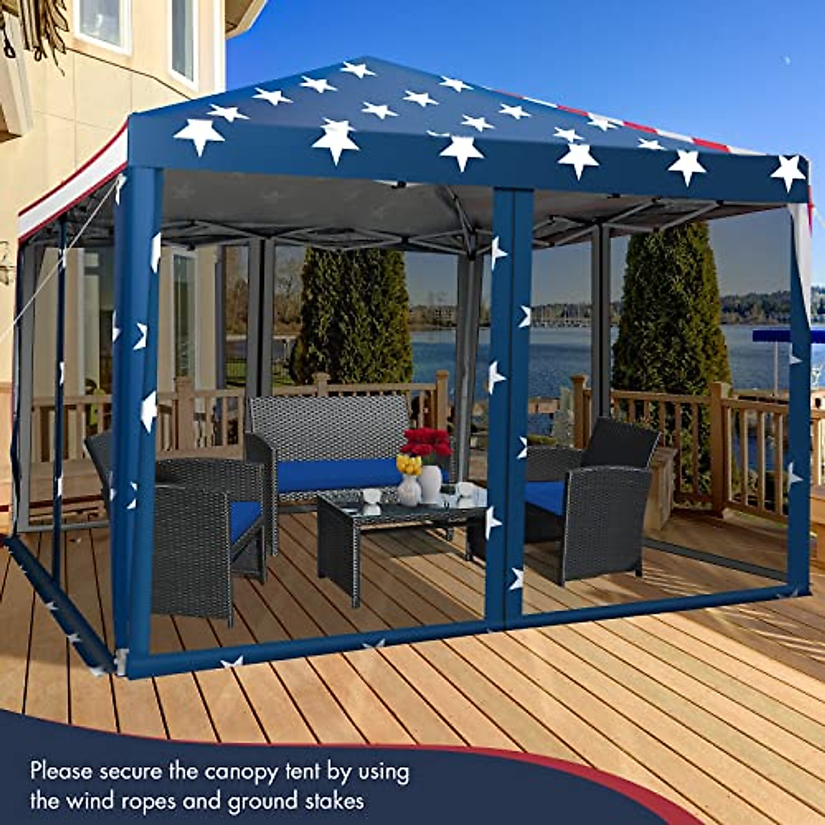 Tangkula 10x10 ft Pop-Up Canopy Tent, Outdoor Canopy Tent with Carry Bag, Waterproof Screen House Room Tent with Netting for Camping, Backyard, Wedding, American Flag Printing