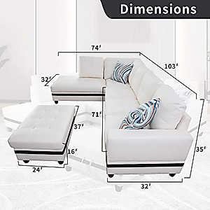 GEBADOL 103" Wide Sectional Living Room Furniture Set L-Shape Sofa Chaise and Storage Ottoman 3 Pieces Faux Leather Couch Set (White&Black/Left-Hand Facing)