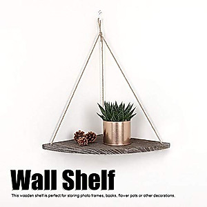 Ymiko Wall Hanging Wooden Display Corner Shelf Fan‑Shaped Floating Shelves Storage Rack with Hemp Rope for Home Decoration Photo Display (Antique)