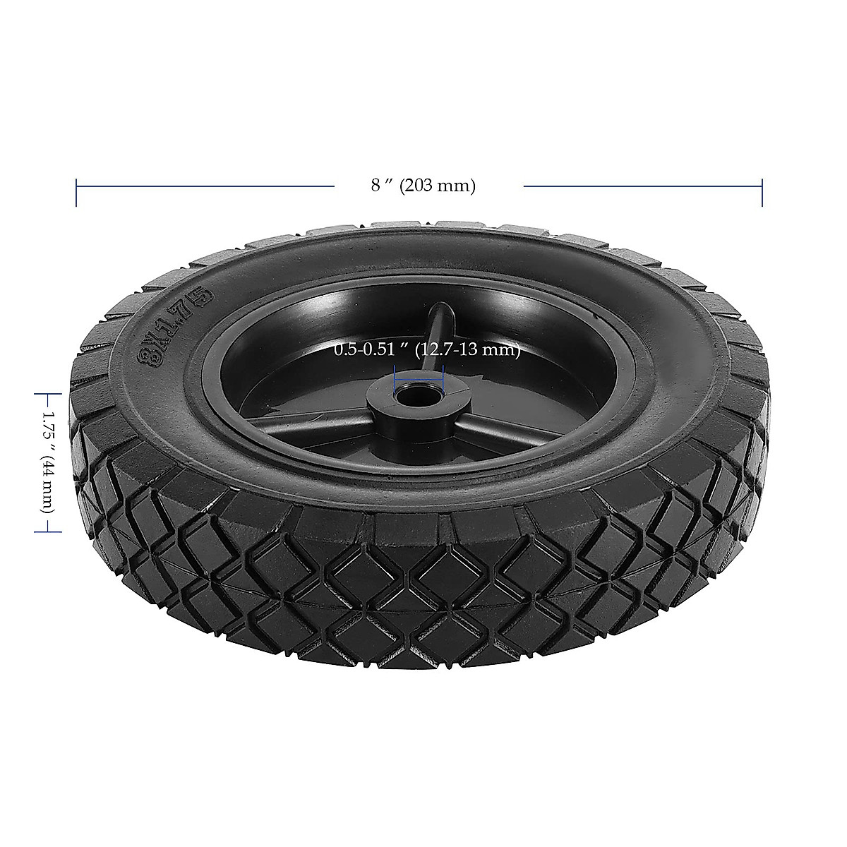 HEIHAK 4 PCS 8 x 1.75 inch Solid Rubber Hand Truck Wheel, Universal Flat Free Lawn Mower Wheels with 1/2 Inch Axle, Replacement Tire for Hand Truck Dolly Cart Compressor, 110 LBS Load Capacity