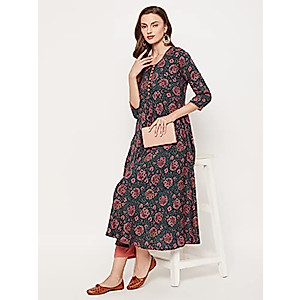 Tissu Women's Rayon Green & Pink Floral Printed A-Line Kurta 2201_Green_L