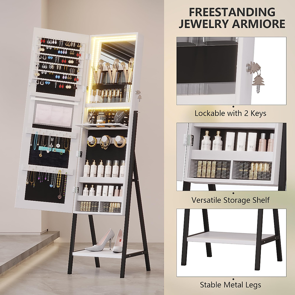 jajov 47.2" LED Jewelry Cabinet Armoire, Standing Mirror with Jewelry Storage, Jewelry Organizer Armoire with Full Length Mirror, Lockable Jewelry Mirror Cabinet (White)