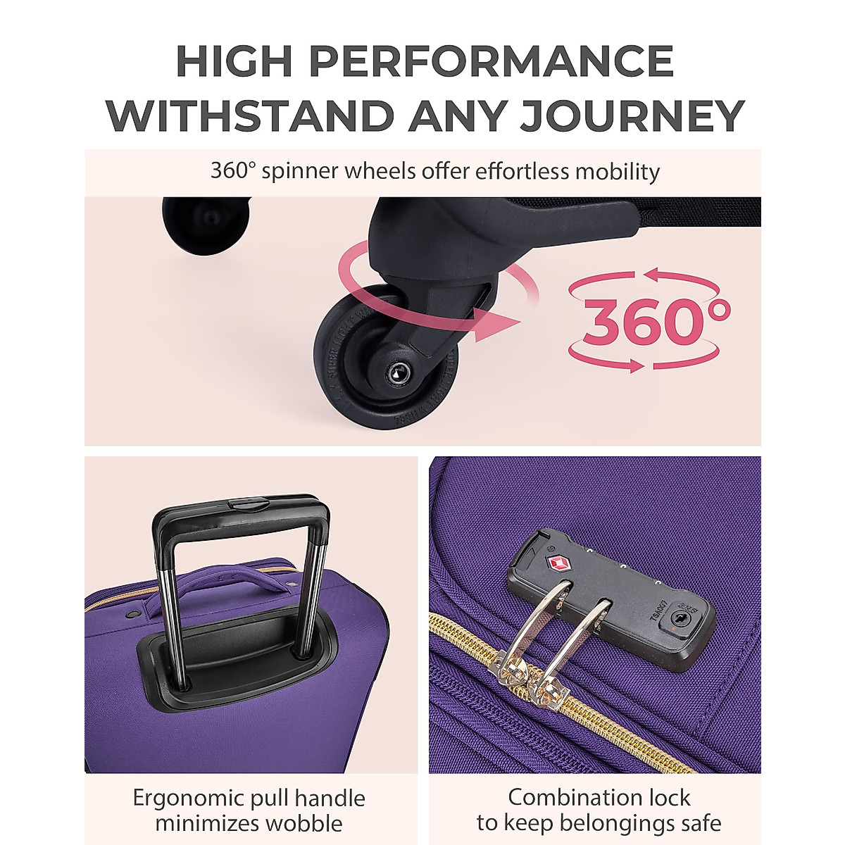 BAGSMART Carry On Luggage 20 Inch, Expandable Suitcase, Luggage with Duffel Airline Approved Rolling Softside Lightweight Suitcases with Front Pocket for Women Men, Carry-On Purple