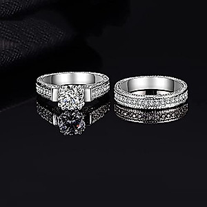 RYGHEWE Women Engagement Ring,2 Pcs Full Diamond Silver Color Adjustable Ring Fashion Carving Diamond Bridal Ring for Girlfriends Wife,Gift for Birthday,Valentine's Day,Anniversary (Silver, 7)