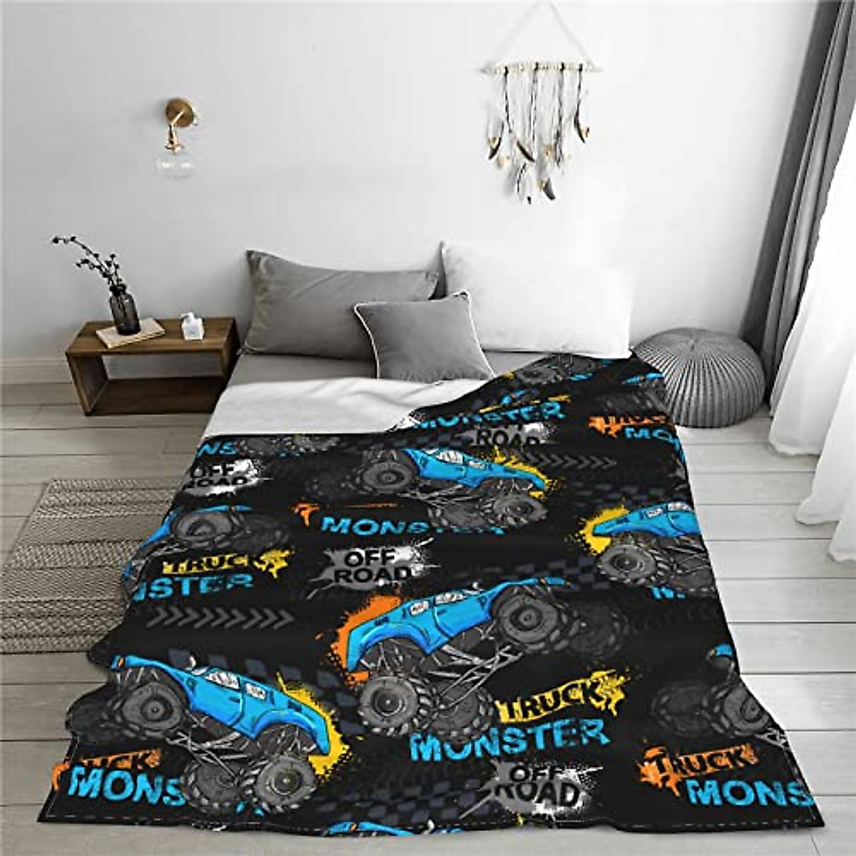 Monster Truck car Throw Blanket Flannel Fleece Autumn Lightweight Soft Fuzzy Cozy Blanket for Couch Bed Fall Decor Travel Blankets Holiday Kids Adult 60"x50"