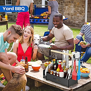 Grill Caddy for Outdoor Grill with 2 Paper Towel Holder, Wood Handle & 3 Hooks, Camper Accessories, Condiment Caddy, Plates, Cutlery, and BBQ Organizer for Camping Outdoor, RV