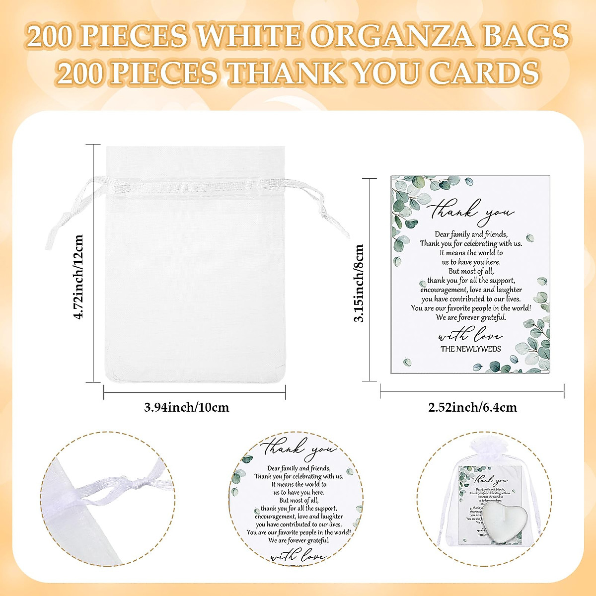 Threlaco 200 Sets Wedding Gifts for Guests Heart Shaped Candles Mini Candles Wedding Candle Gifts for Guests Thank You Cards and Organza Bags for Wedding Party Favors