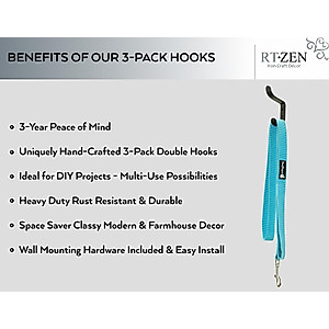 RTZEN Black Wrought Iron Wall Mounted Towel Holders and Coat Hooks Set - Handcrafted Classic Farmhouse Multipurpose Hanging Pieces for Home - Hand Towel Bar, Bath Towel Bar and 3 Pack Double Hooks