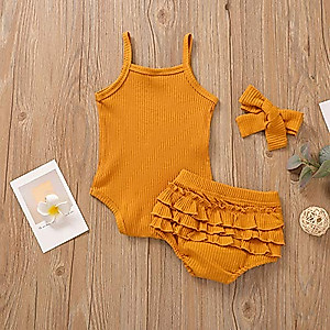 Infant Baby Girls Ribbed Outfits Set Sleeveless Romper Tank Tops Ruffle Shorts Headband Summer Newborn Clothes (Earthy Yellow, 12-18 Months)