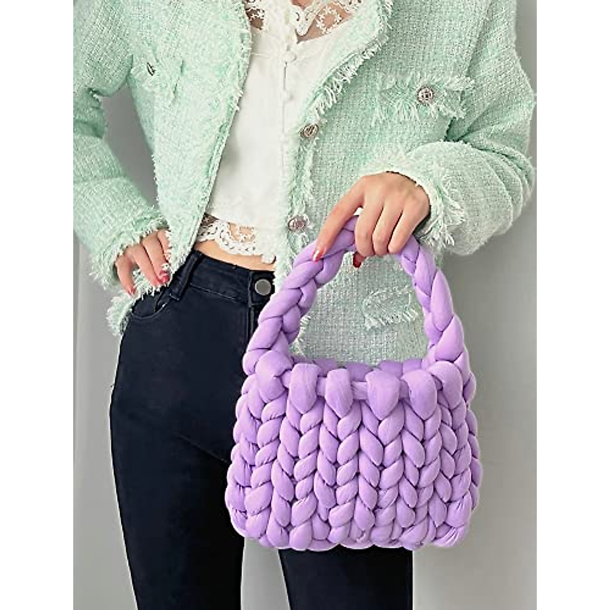 Women's Knit Clutch Bag Handmade Woven Knit Satchel Purse Handbag Shoulder Solid Color Bag