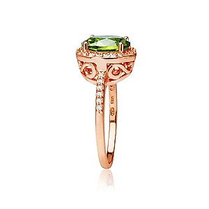 Ice Gems Rose Gold Flashed Silver Simulated Peridot and Cubic Zirconia Round Halo Ring, Size 7