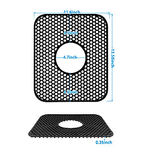 YUBIRD Sink Protectors for Kitchen Sink - 13.58"x 11.6" Sink Mat, 2 PCS Silicone Kitchen Sink Mat for Bottom of Stainless Steel Sink(Black, Ceter Drain)