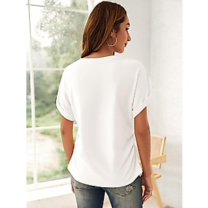 GeGekoko Women Short Sleeve Tshirts Crew Neck Basic Cotton Draped Tee Summer Ruched Side Top S-1L White