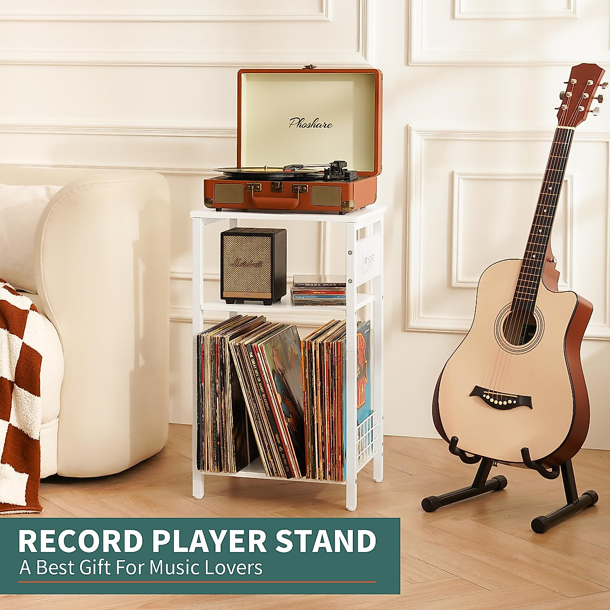 Yoobure Record Player Stand, 3-Tier White Side Table with Charging Station, Small End Table Nightstand with Vinyl Storage, Tall Beside Tables Turntable Stand for Album CD, Night Stand for Living Room