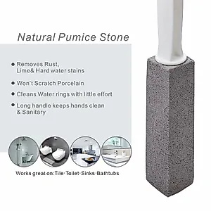 Pumice Stone Brush Toilet Bowl Cleaner with Extra Long Handle, 100% Natural Pumice Toilet Brush, Stain Remover Cleaning Brushes for Bath/Pool/Kitchen/BBQ Cleaning - 2 Pack with 2 Hooks