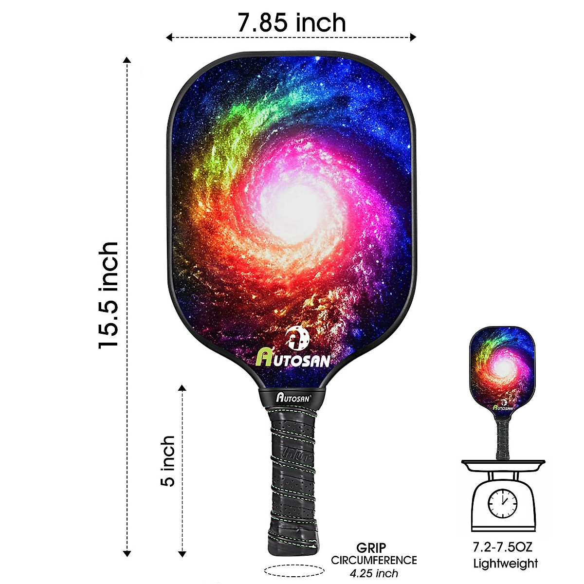 AUTOSAN Pickleball Paddle Graphite and Fiberglass Composite Face & Aramid Honeycomb Core,EdgeSentry Protect Pickleball Paddle with Cover,Rule Ebook,Lightweight 7.2-7.5OZ,Indoor Outdoor,Kid,Men Women