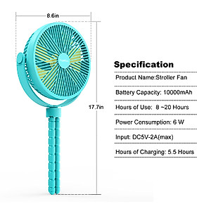 GagetElec 8-Inch Stroller Fan for Baby,10000mAh Personal Portable Fan 4 Speeds Car Seat Baby Fan with Flexible Tripod Fix on Stroller,Car Seat,Golf Cart