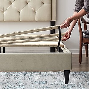 LUCID King Bed Frame with Diamond Tufted Upholstered Headboard – King Size Platform Bed Frame – Removeable Wood Slats – No Box Spring Needed – Easy Assembly – Pearl