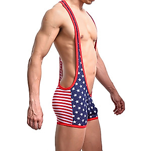 sandbank Men American Flag Wrestling Singlet Jockstrap Bodysuit Active Underwear (XL,Golden Leopard)