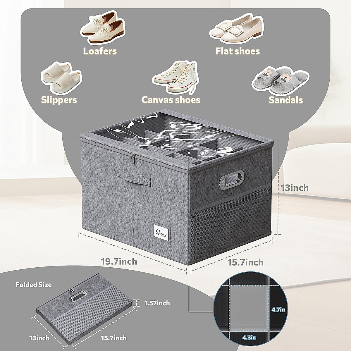 2 Pack Shoe Organizer for Closet Large Shoe Box Storage Containers with Clear Window Space Saving Shoe Bin with Foldable Bottom Support Adjustable Dividers Fits 32 Pairs (Grey, (19.7x15.7x13inch) x2)