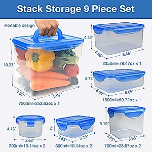 9 Pack Airtight Food Storage Container Set, Stackable Kitchen Storage Containers, 7.5L/ 253.6OZ Large ​Size, BPA-Free, Leak Proof, Freezer/Microwave Safe