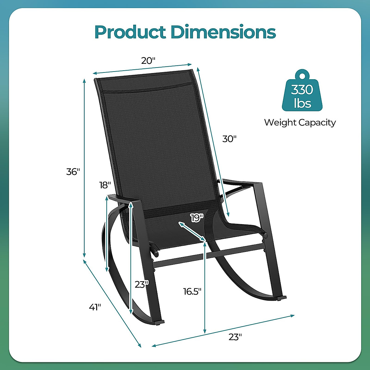 Tangkula Outdoor Rocking Chairs Set of 4, Patio Sling Fabric Rockers with Ergonomic Backrest & Seat, Safe Stoppers & Non-Slip Rubber Mats, Metal Frame Rockers for Backyard, Front Porch (Black)