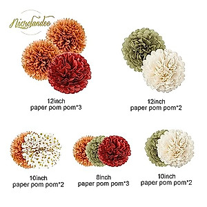 NICROLANDEE Fall Party Decorations, 12 PCS Pumpkin Orange Burgundy Sage Green Ivory Tissue Pom Poms Thanksgiving Decor for Home, Wedding, Birthday, Autumn Harvest Party Supplies