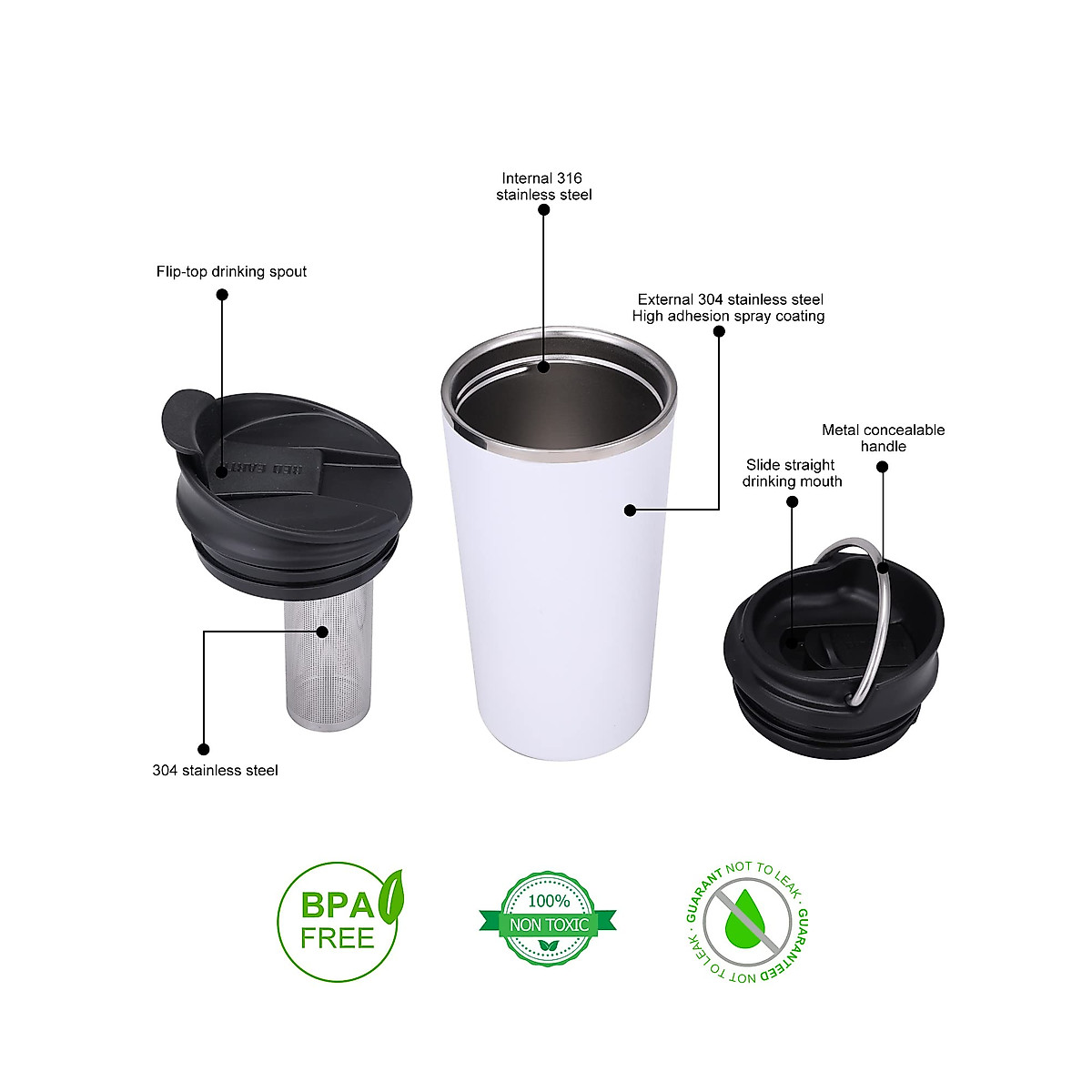 GiNT 17oz Travel Tea Mug with Infuser and Two Lids. Vacuum Insulated 316 Stainless Steel Travel Coffee Mug. Dishwasher Safe Tea Cup with Tea Strainer for Hot and Cold Brew Coffee or Tea(White)