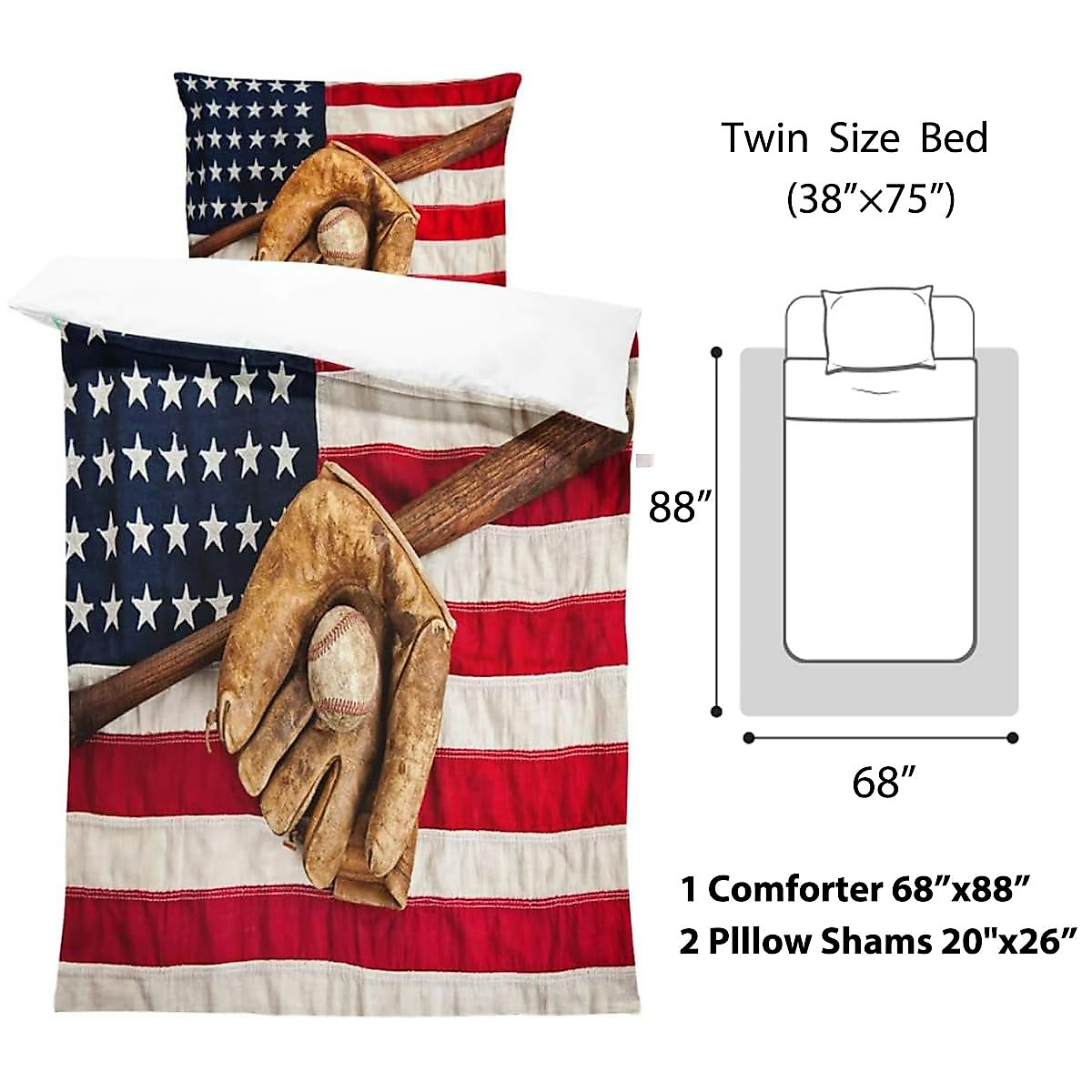 SHINICHISTAR American Flag Baseball Comforter Set Twin Size for Teen Boys Gift Sport Bedding