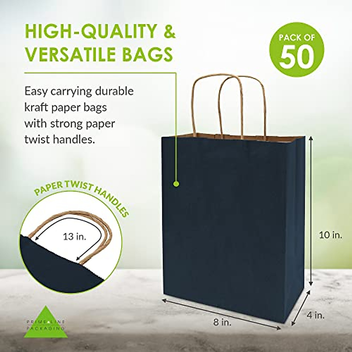 Blue Gift Bags - 8x4x10 Inch 50 Pack Navy Kraft Paper Shopping Bags with Handles, Craft Totes in Bulk for Boutiques, Small Business, Retail Stores, Birthday Parties, Restaurants, Take-Out, Merchandise