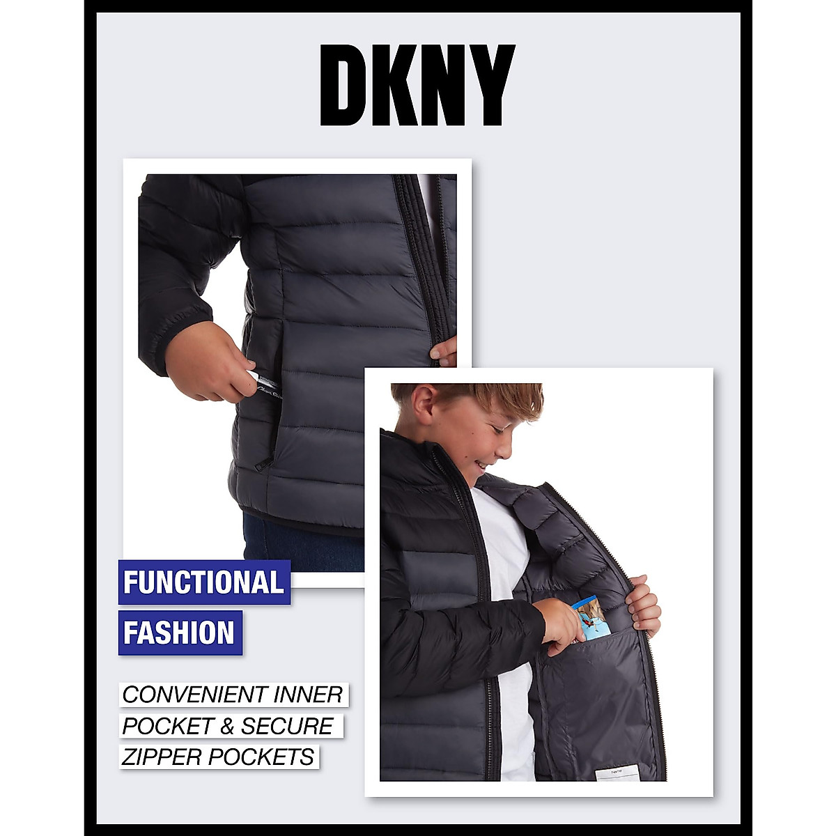DKNY Boys Jacket – Midweight Insulated Quilted Outerwear Parka Puffer Coat – Water Resistant Boys Winter Hooded Jacket (8-20), Size 10-12, Charcoal/Black
