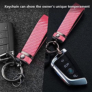 Kewucn Carbon Fiber Style Car Key Chain, Premium Leather Auto Key Fob with 360 Degree Rotatable and Anti-Lost D-Ring (Pink)