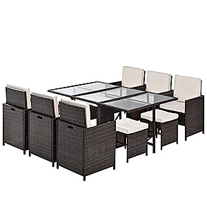 11 Piece Outdoor Garden Patio Furniture PE Rattan Wicker Dining Set Sectional Conversation Patio Set with Ottomans