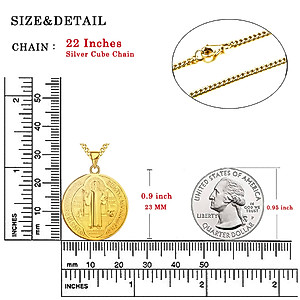 FJ Saint Benedict Necklace 925 Sterling Silver, NR Cross Protection Pendant,Round Coin Antiqued Religious Protector Talisman Pendant