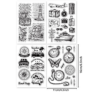 GLOBLELAND 4Pcs World Travel Ship Compass Clear Stamps Car Ship Journey World Travel Clock Cruise Ship Transparent Silicone Rubber Stamps for DIY Scrapbooking Supplies Embossing Paper Card Album