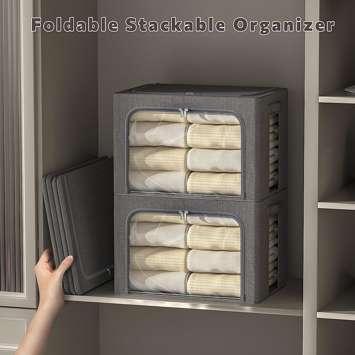 6 Pack Clothes Storage Bins with Metal Frame- Foldable Storage Bins for Clothes Linen Fabric Storage Box with Opening Clear Window (Grey, 15.7x11.8x11.8inch(36L))