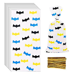 Lecpeting 100 Pcs Bat Treat Bags Bat Print Cellophane Candy Bags Plastic Goodie Storage Bags Bat Hero Party Favor Bags with Twist Ties for Kids Hero Theme Birthday Party Supplies