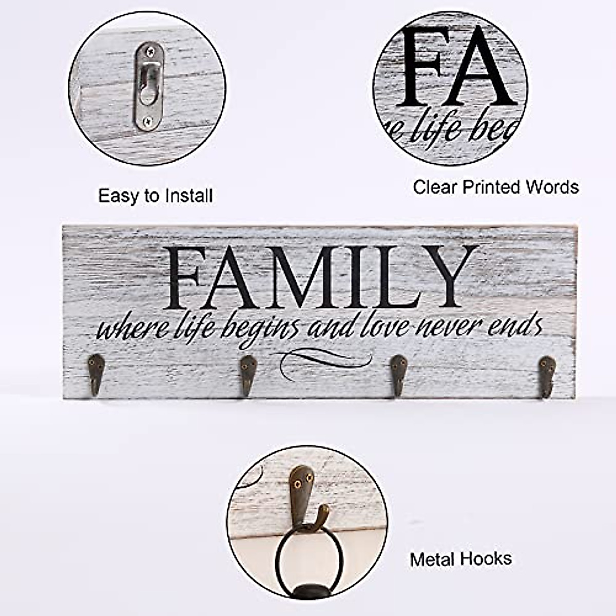 Key Holder for Wall Decorative,Key Hanger,Key Rack Whit 4 Metal Hook,Key Ring and Jewelry Rack Holder Family Home Decor Clearance,16.5*5.5inch, White…