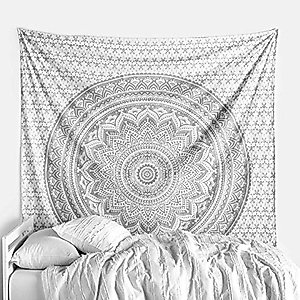 raajsee Glittering Silver Grey Tapestry Wall Hanging Mandala-Bohemian Room Decor-Indian Cotton Throw Hippie Tapestries -Queen Bedspread 82x92 inches
