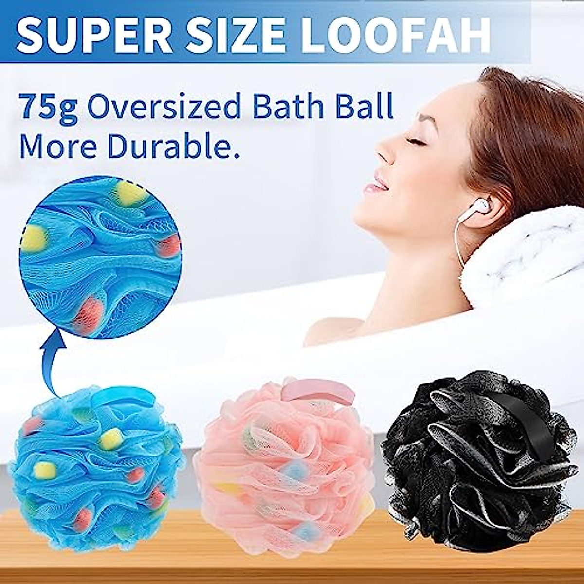 BCKENEY Bath Loofah Sponge Back Brush with Long Handle Extra Large 75g Soft Mesh Shower Poufs for Women & Men - Exfoliator Bathing Accessories (3Pcs 75G XL Charcoal Black)