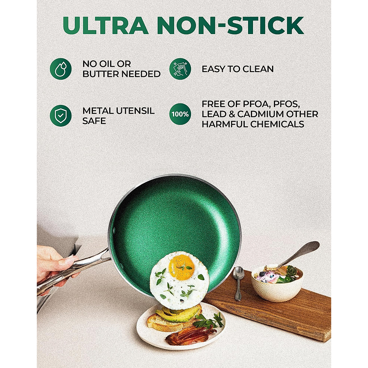 Granitestone 12 Inch Non Stick Frying Pans Nonstick Skillet, Long Lasting Nonstick Frying Pan for Cooking, Nonstick Pan with Mineral and Diamond Coating, Non Stick Pan, Oven/Dishwasher Safe - Emerald