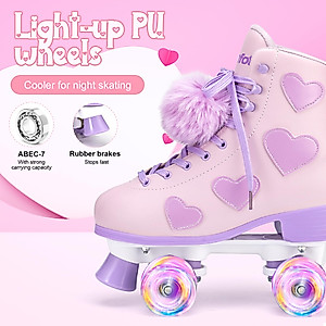 Ruthfot Women's and Girl's Classic Roller Skates with Light up Wheels and Love Heart Pattern, High-top PU Leather Rollerskates…