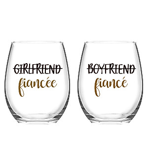 Modwnfy Boyfriend and Girlfriend Wine Glass, Fiance and Fiancee Stemless Wine Glass 15Oz, Engagement Gifts for Couples Fiance Fiancee Him Her (Set of 2)