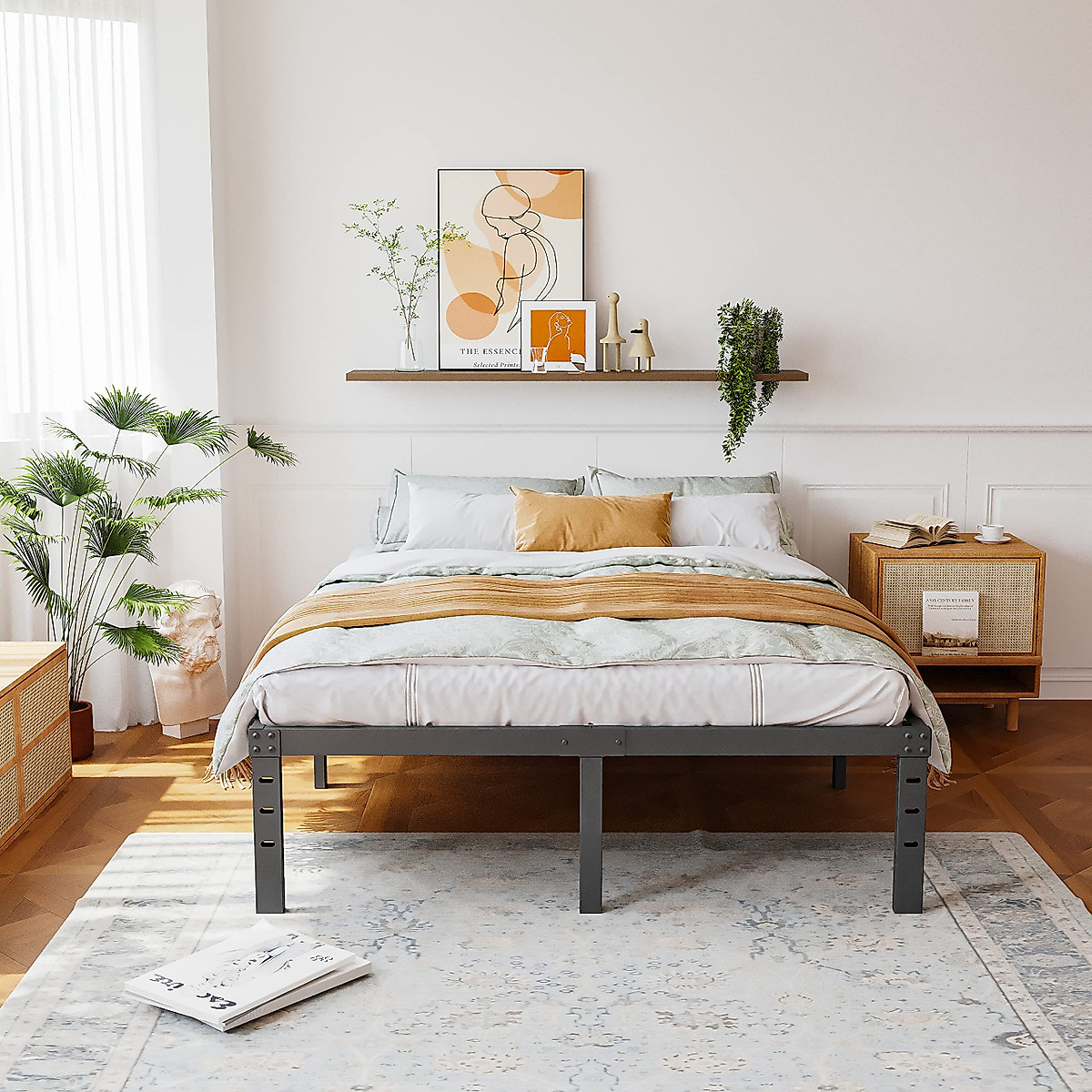 ZIYOO King Size Bed Frame 18 Inch Tall 3 Inches Wide Wood Slats with 3500 Pounds Support, No Box Spring Needed for Foam Mattress, Underbed Storage Space, Easy Assembly, Noise Free