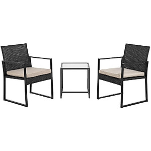 FDW 3 Pieces Outdoor Patio Furniture Wicker Bistro Rattan Chair Conversation Sets for Yard Lawn Balcony Poolside Backyard,Black