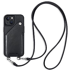 LUCKYCOIN for iPhone 13 Mini Crossbody Case Genuine Leather Card Slot Holders Wallet Protective Case Adjustable Leather Strap Lanyard Compatible with 2021 New Apple iPhone 13 Mini 5.4 inch Black