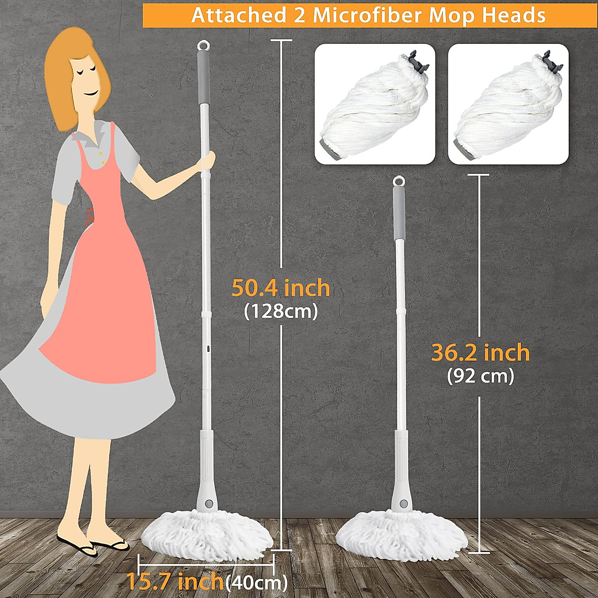 Self Wringing Mop for Floor Cleaning with 2 Reusable Heads, ZUBULUN Easy Squeeze Twist Mop with 51 Inches Long Handle and Top Scouring Pad, Wet Mops for Hardwood, Vinyl, Tile