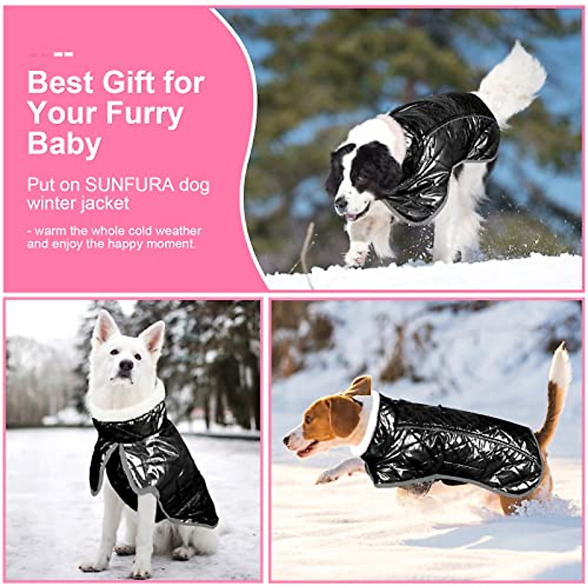 SUNFURA Warm Dog Coat, Waterproof Dog Winter Jacket for Small Medium Large Dogs, Turtleneck Dog Snow Jacket Reflective Dog Coats with Harness, Padded Dog Snowsuit for Cold Weather, Black S